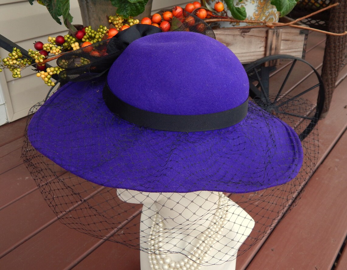 Purple Hat Black Bow Netting Veil DOESKIN Bollman USA, Purple Wool Hat ...