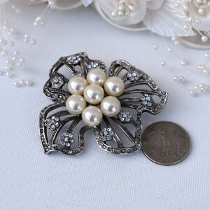 Rhinestone Pearl Flower Pin, Big Flower Brooch Faux Pearls Silver Tone ...