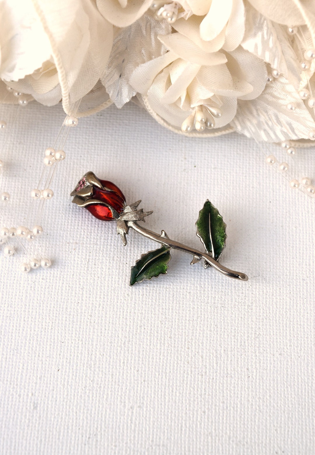 LIZ CLAIBORNE Rose Pin, Enamel Red Rose Pin Silver Tone Pink ...