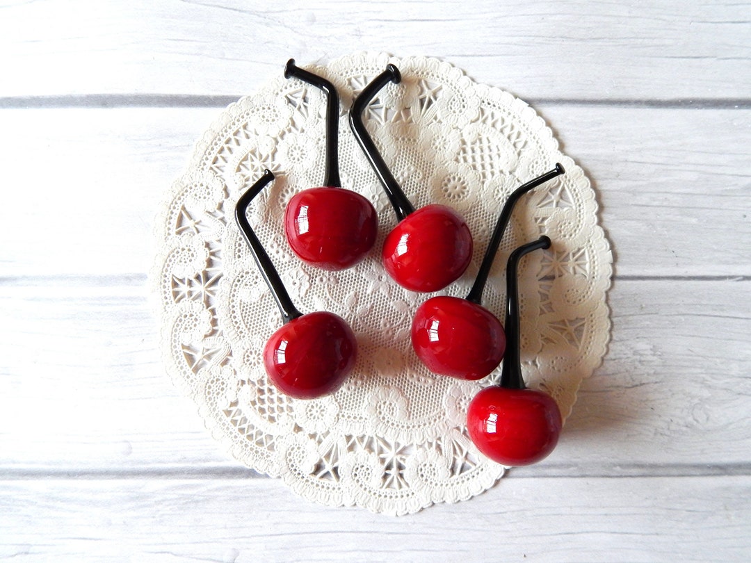 Red Glass Cherries Set of 5, Hand-blown Art Glass Red Cherries ...
