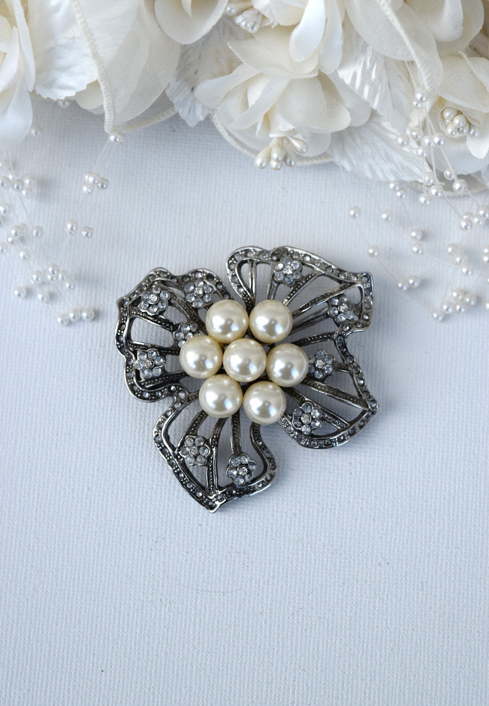 Rhinestone Pearl Flower Pin Big Flower Brooch Faux Pearls | Etsy