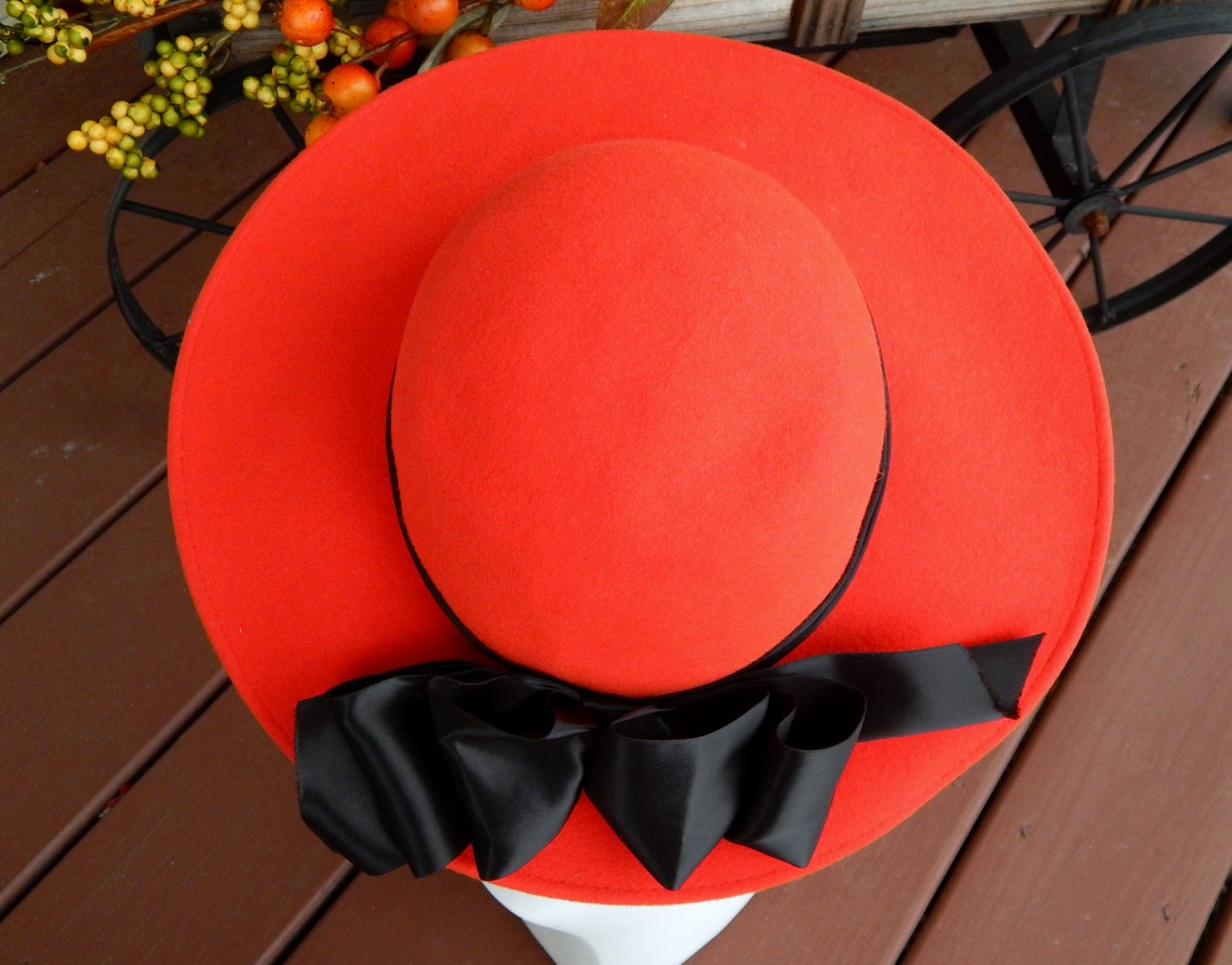 Red Hat Black Bow, Red Wool Hat, Wide Brim Hat Wool Felt Red With Black ...