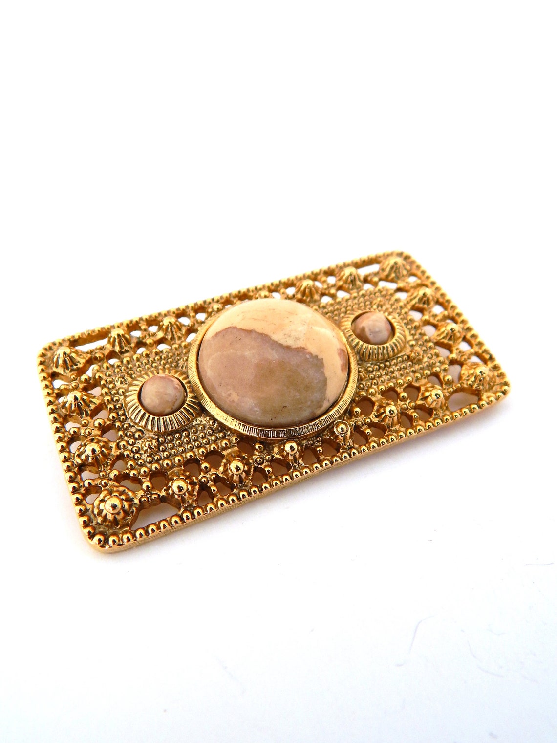 Vintage Rectangular Brooch Beige Semi-precious Stone Gold - Etsy