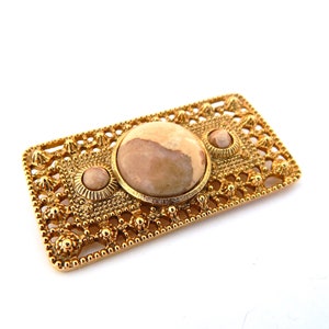 Vintage Rectangular Brooch Beige Semi-precious Stone Gold Tone ...