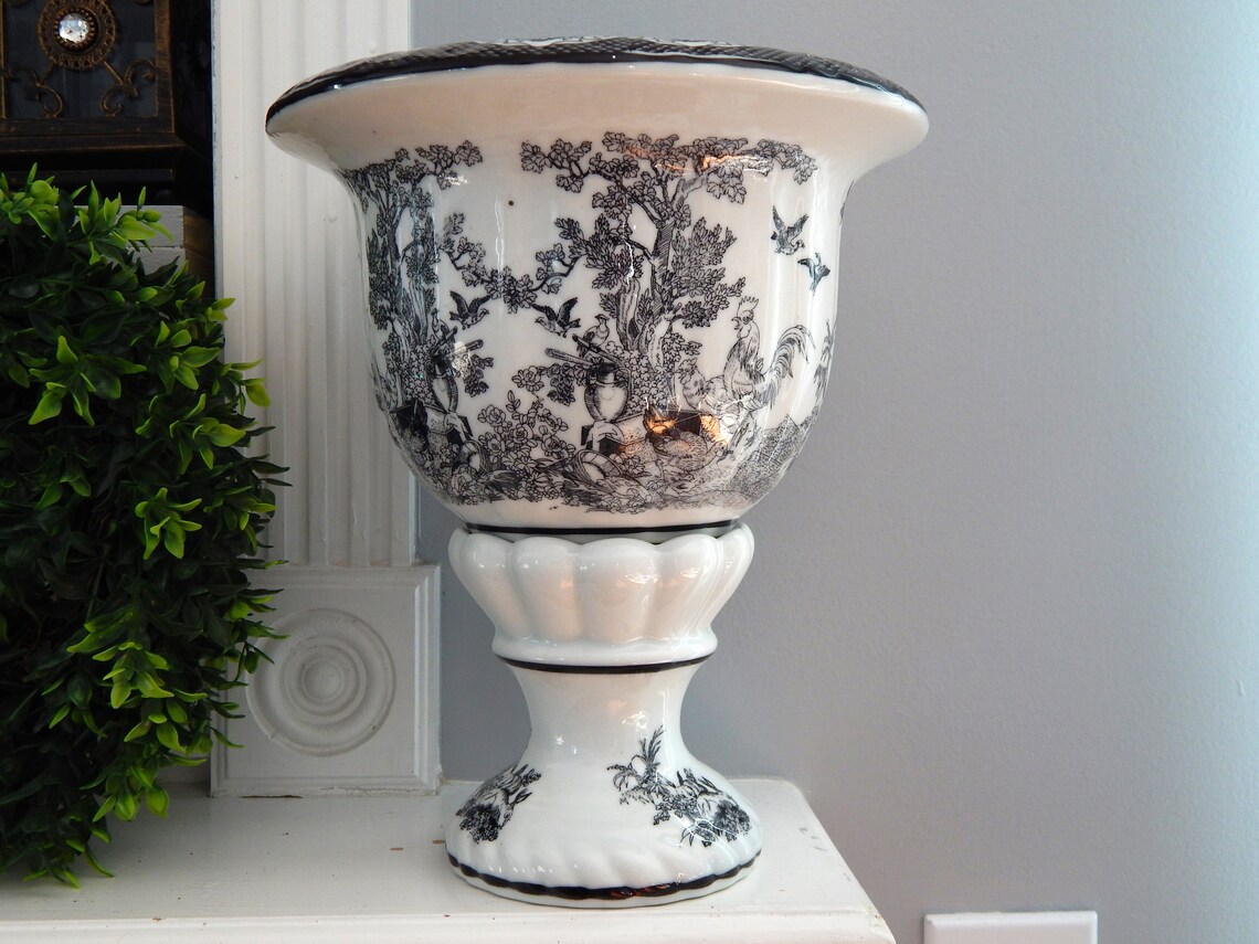 Chinoiserie Toile Planter Black & White Large Footed Urn Vase - Etsy