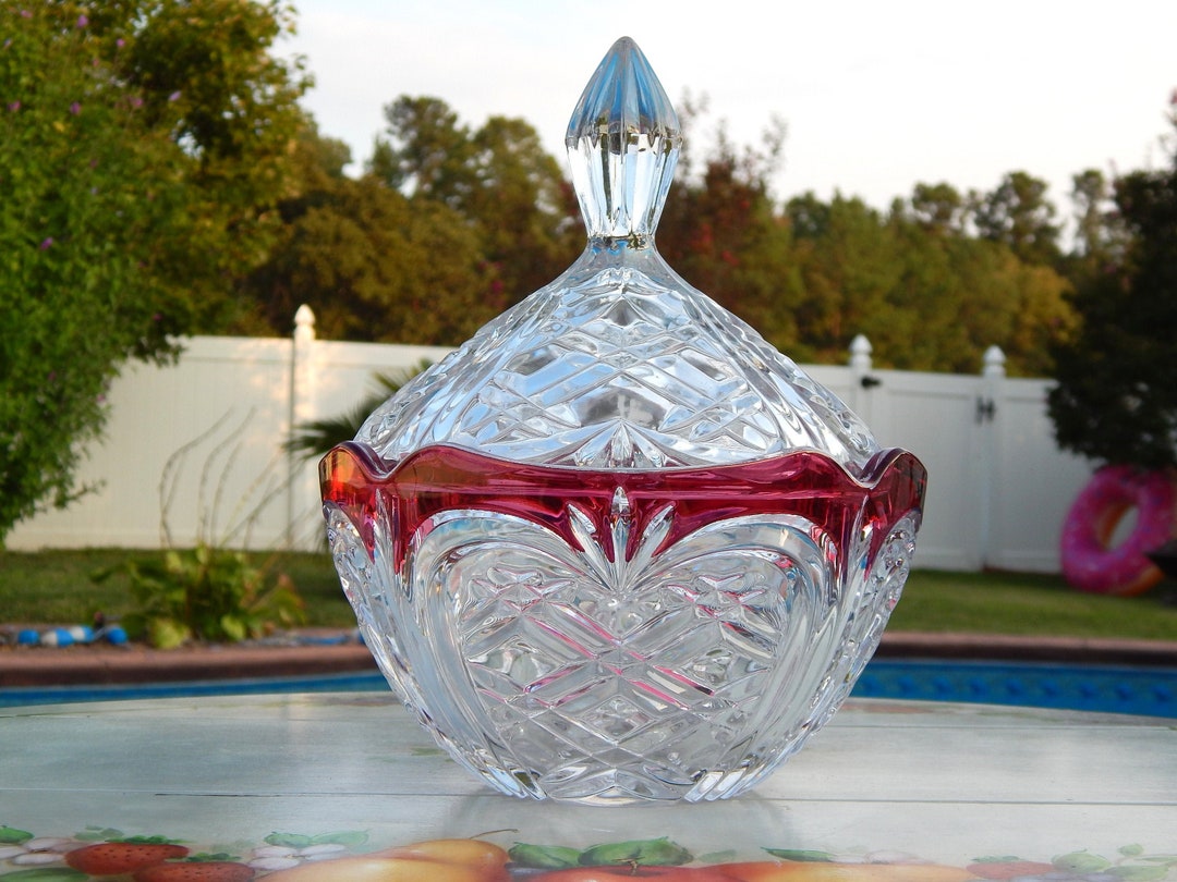 Crystal Candy Dish With Lid and Cranberry Red Band - Etsy