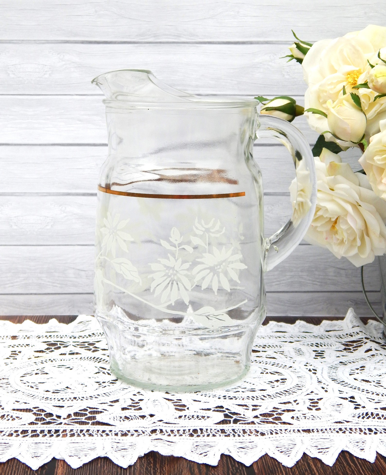 Antique Glass Pitcher White Flowers Gold Band Tall Heavy - Etsy