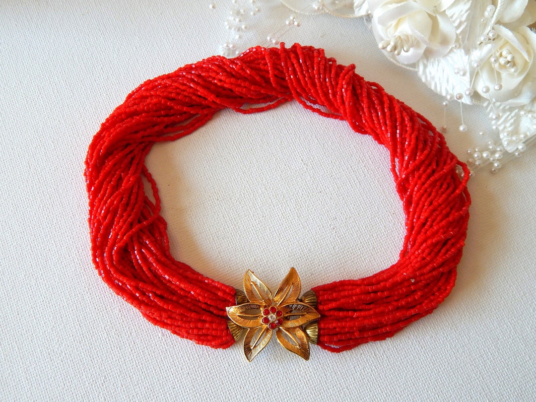 Red Torsade Necklace Ornate Floral Rhinestone Clasp, Vintage Choker ...