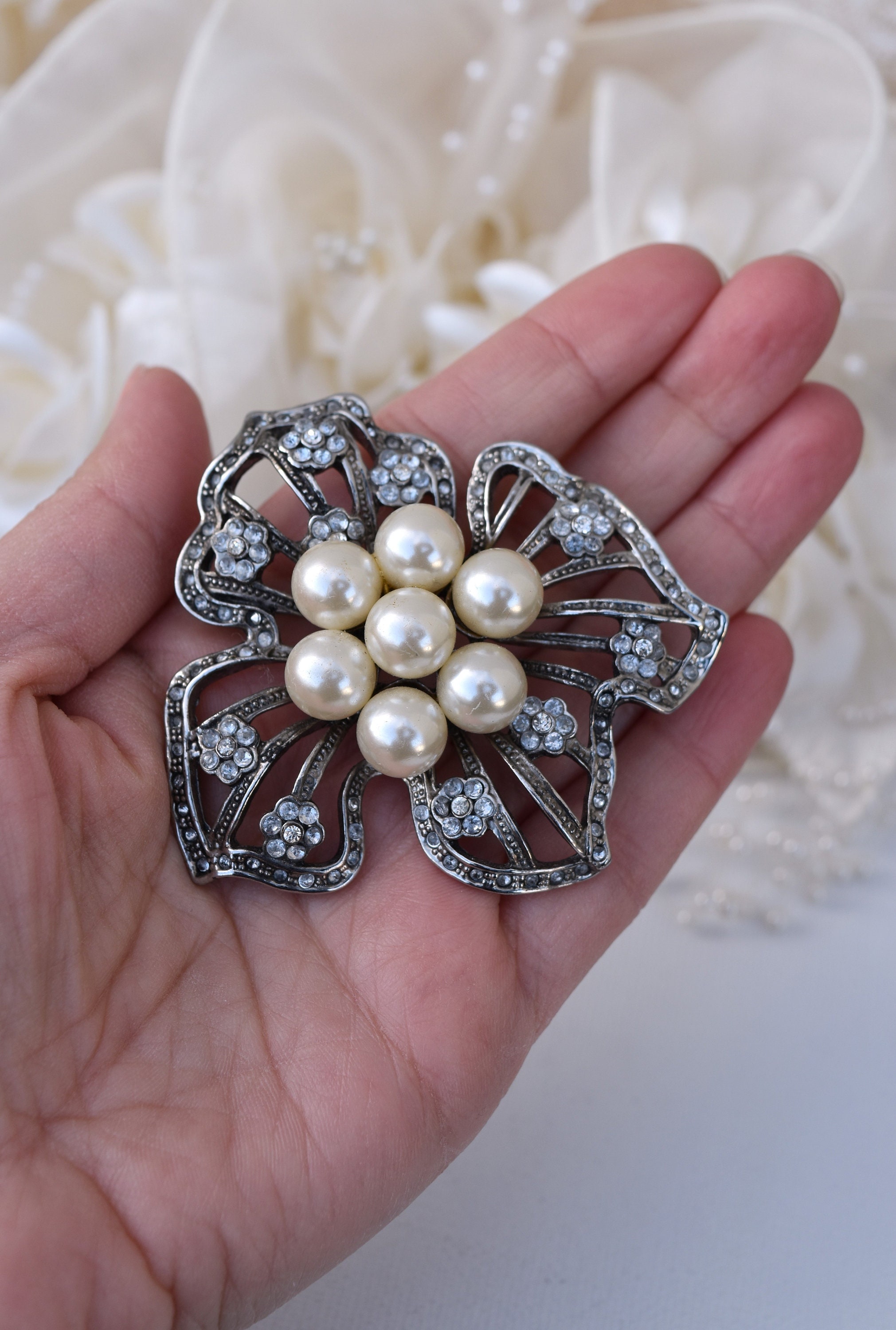 Rhinestone Pearl Flower Pin Big Flower Brooch Faux Pearls | Etsy
