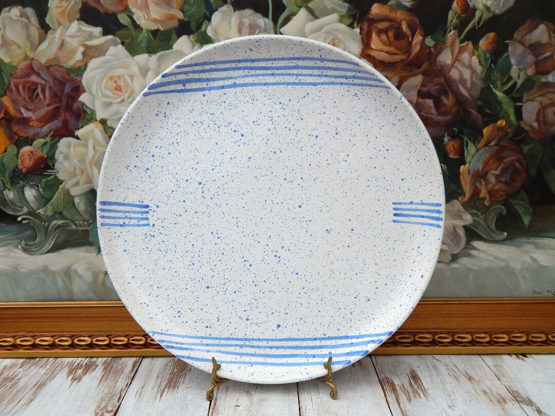 Big Round Platter PORTUGAL White Blue Speckled Pottery, Classic Round ...