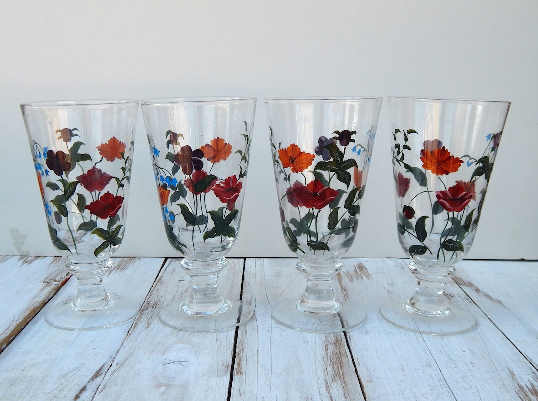Floral Water Goblets Hand Painted Glasses Set of 4, Large Tall Footed ...