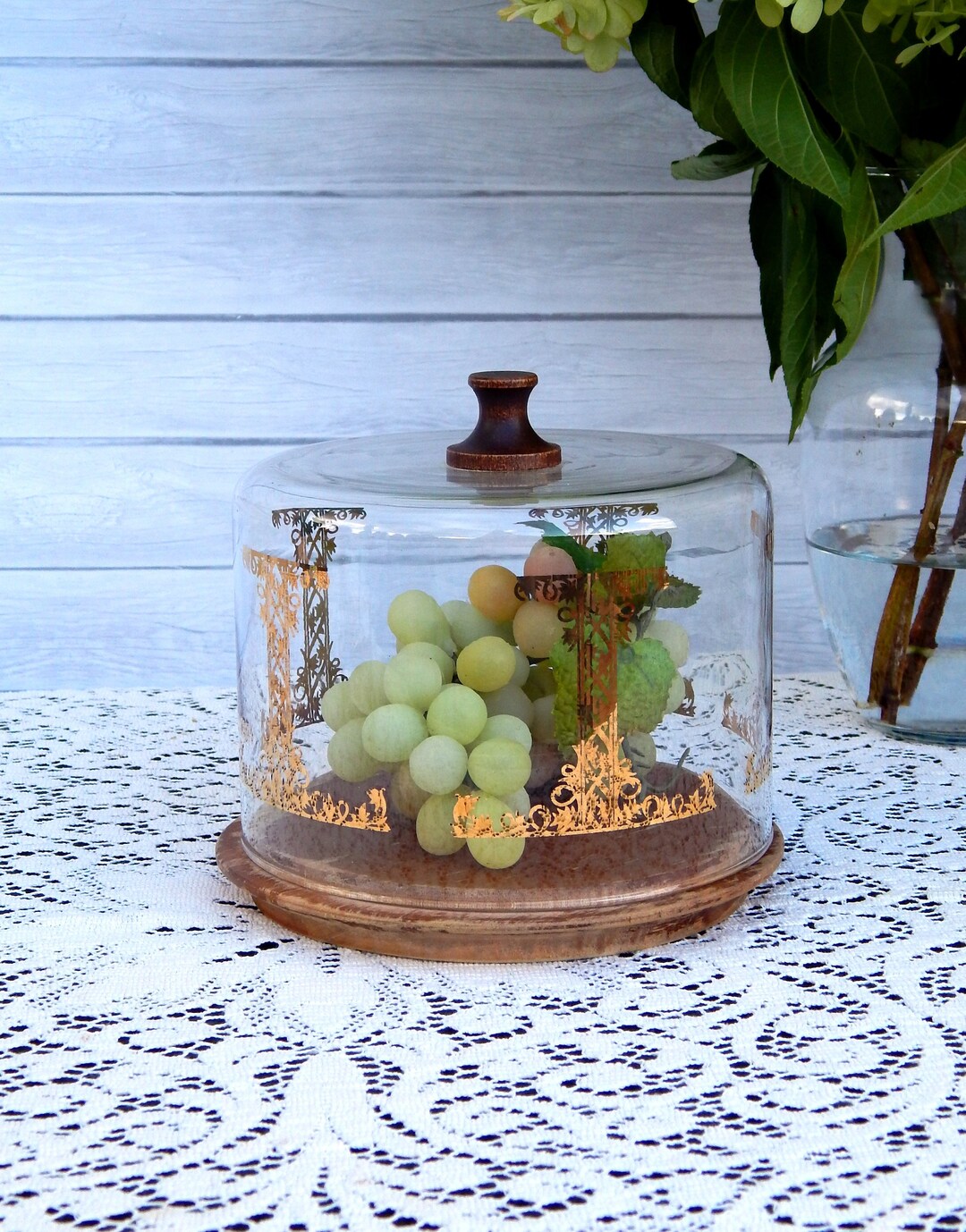 PYREX Cheese Server Glass Dome Cover Gold Scrolls, Rustic Shabby Retro ...