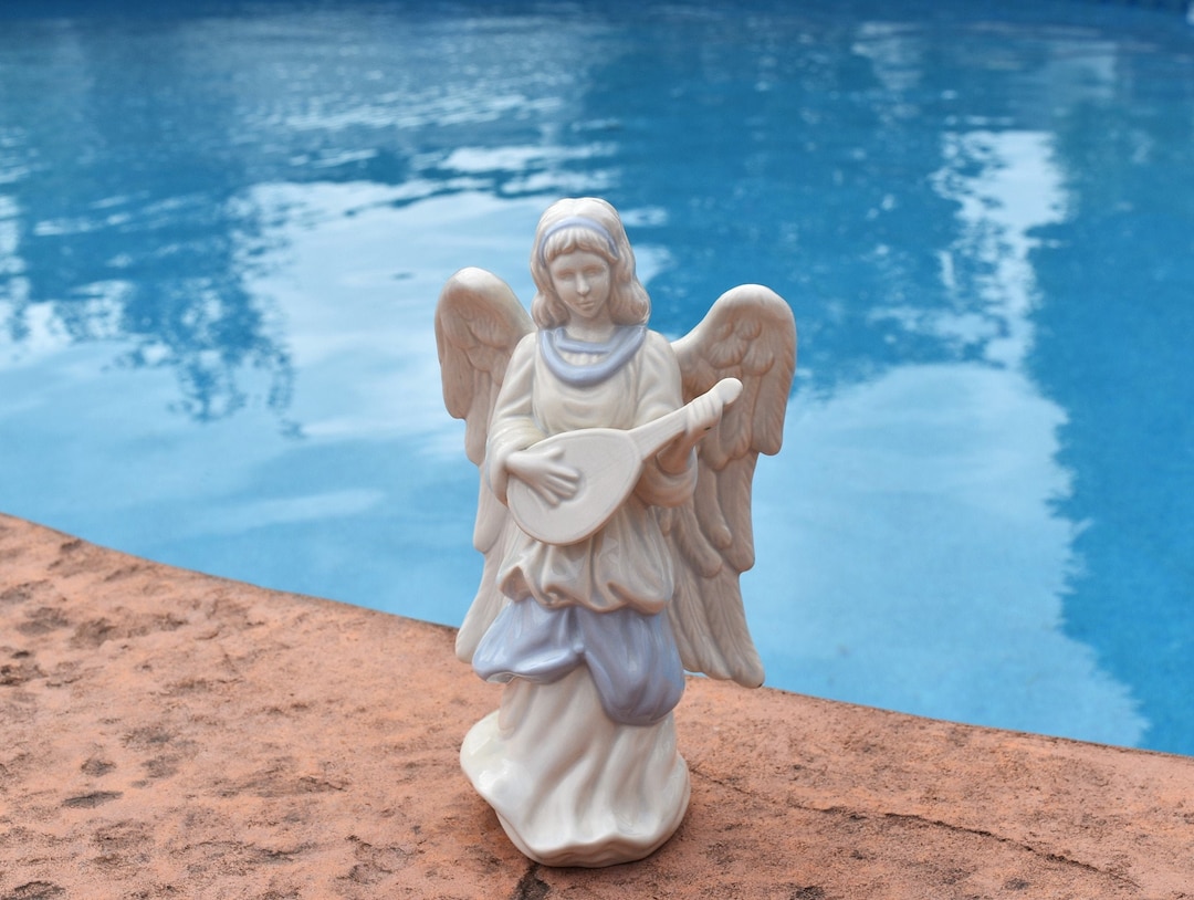 Vintage Angel Figurine, White and Blue Angel Playing Mandolin Figurine ...