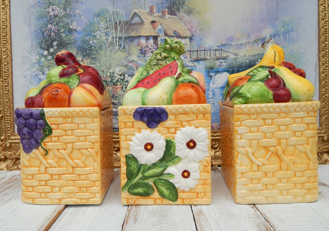 GOURMET Kitchen Canisters Set Fruit Berries Decorated Ceramic - Etsy