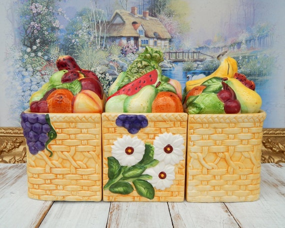 Ceramic Canisters With Fruit Vintage TRUE WORLD China Fruit Green Red