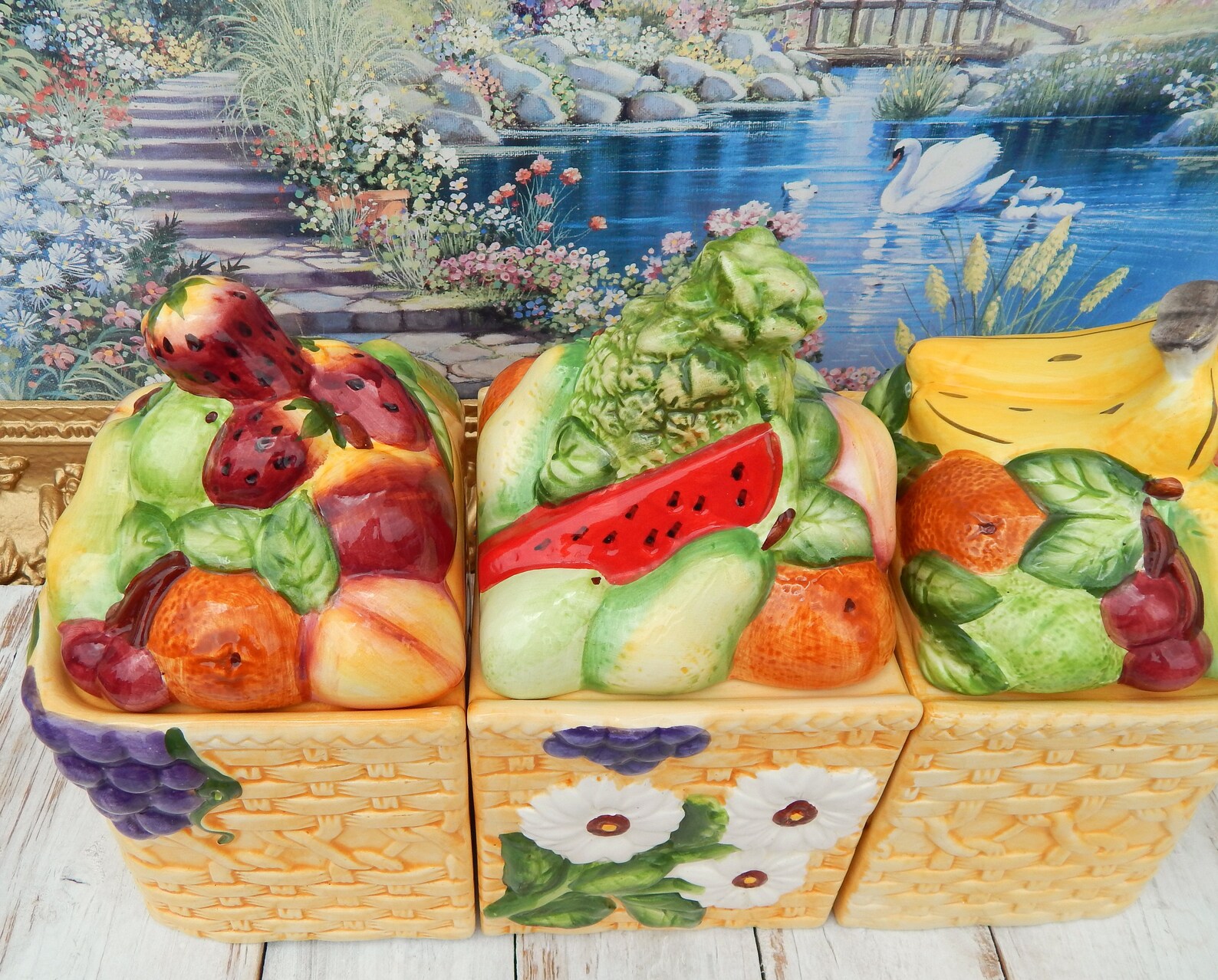 GOURMET Kitchen Canisters Set, Fruit Berries Decorated Ceramic Baskets ...