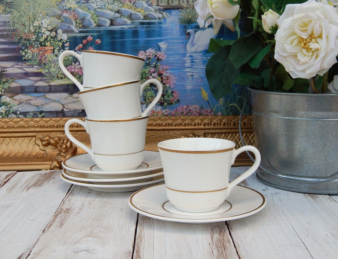 ERIVA by REGO Tea Cups & Saucers Set of 4 White With Gold Trim, White ...