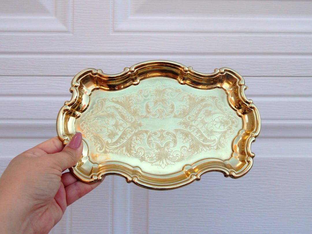 Gold Metal Tray, Vintage Small Gold Scalloped Tray, Bathroom Vanity ...