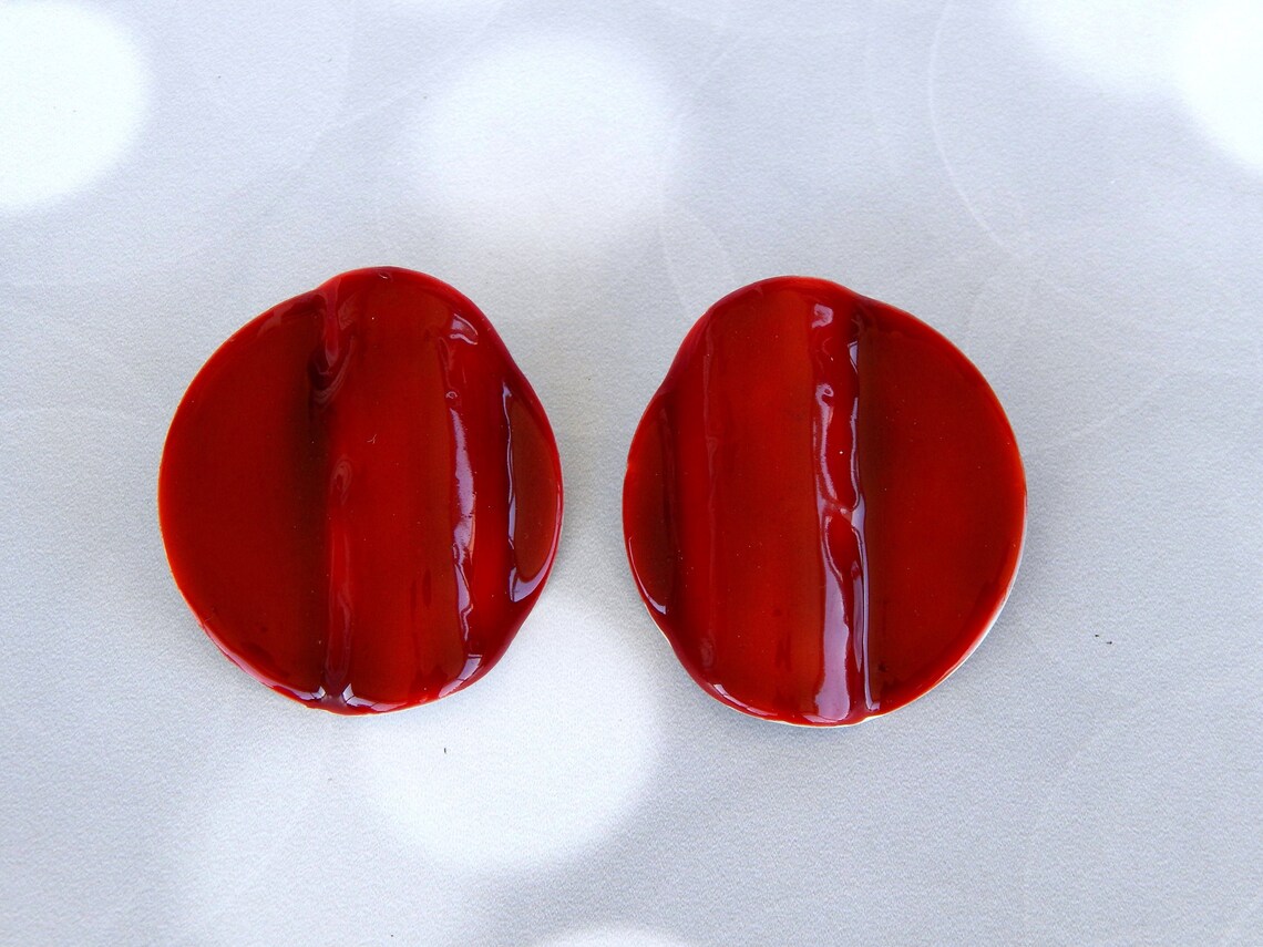 HUGE Red Enamel Earrings, Wrinkled Red Enamel Disk Earrings, Runway ...