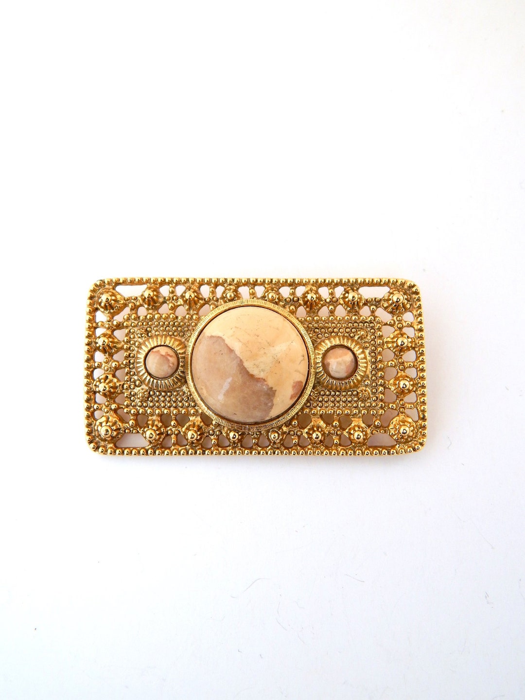 Vintage Rectangular Brooch Beige Semi-precious Stone Gold Tone ...