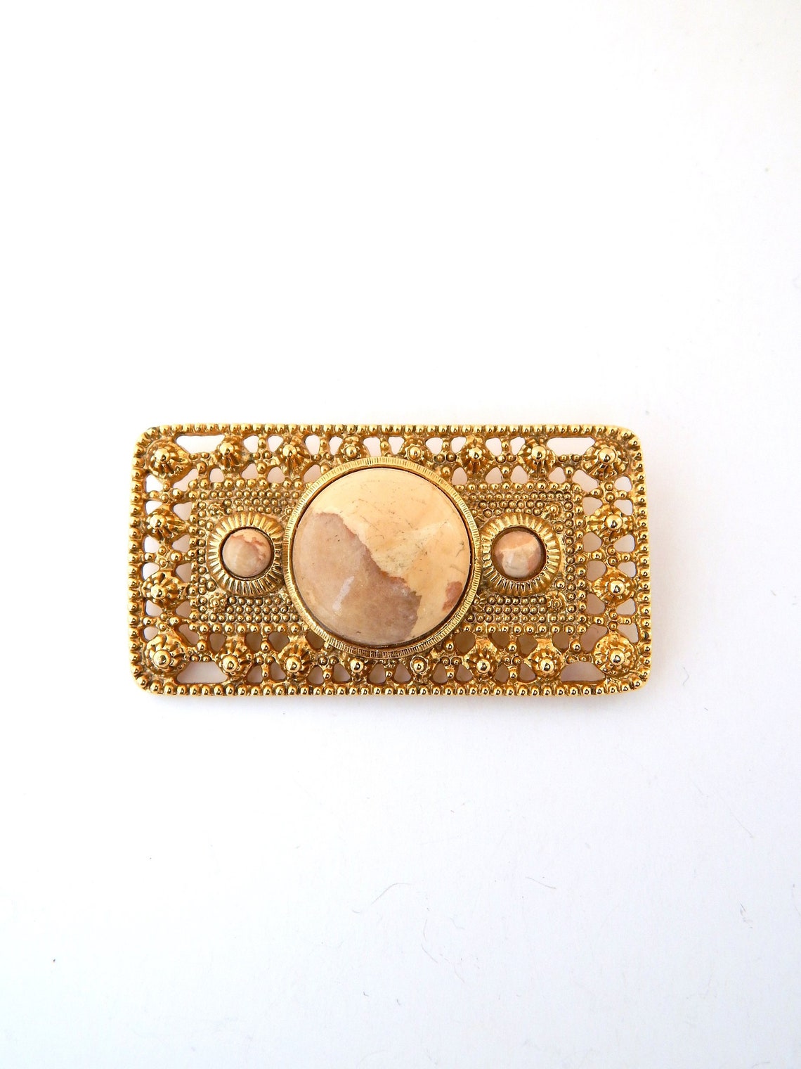 Vintage Rectangular Brooch Beige Semi-precious Stone Gold - Etsy