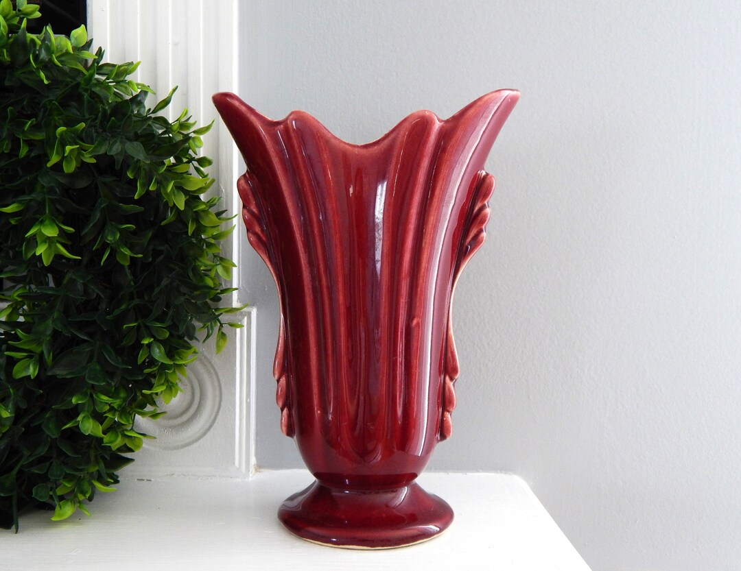 Maroon Vase Art Deco Mid Century Pottery USA, Vintage Vase Maroon Red ...