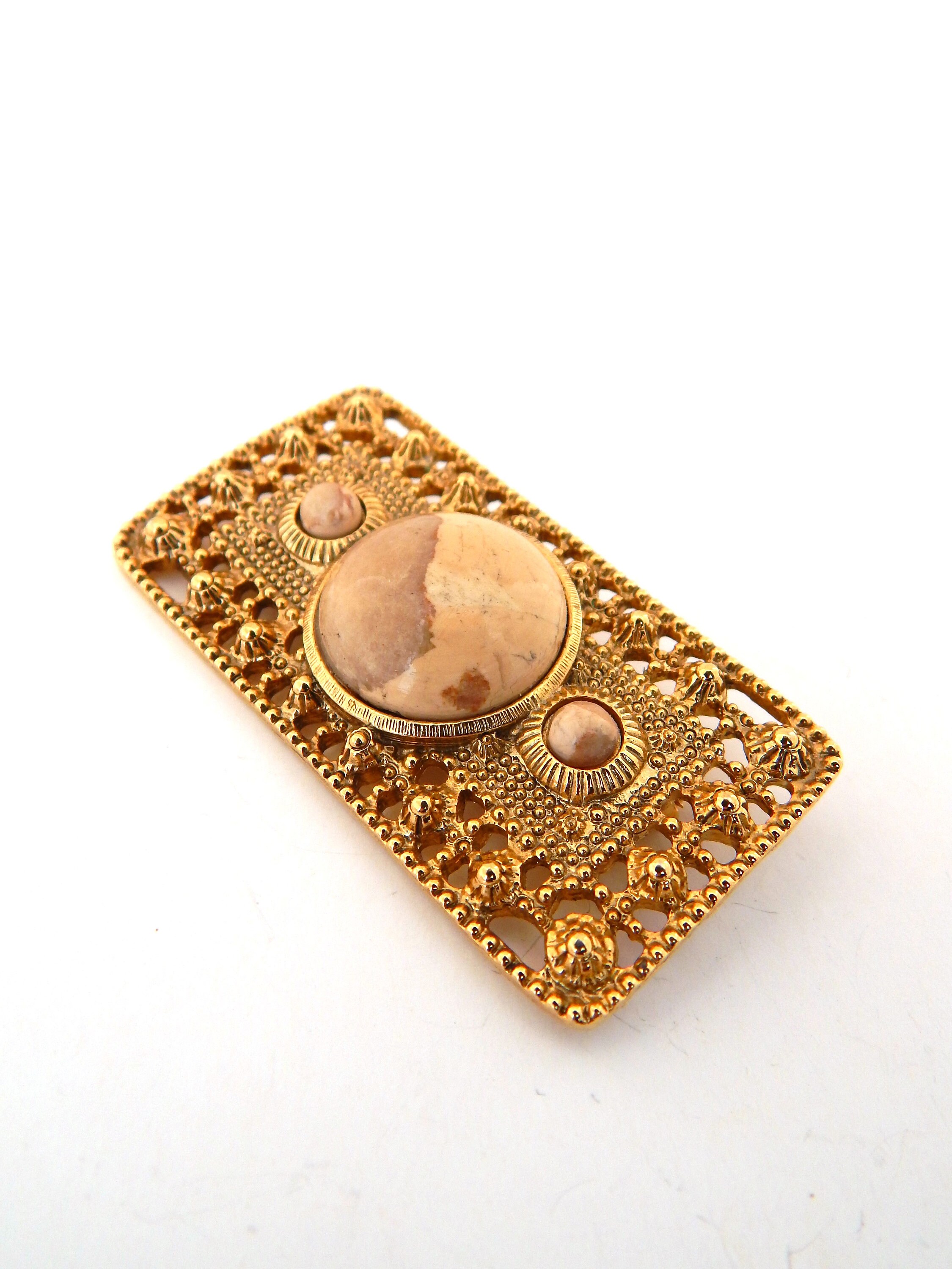 Vintage Rectangular Brooch Beige Semi-precious Stone Gold Tone ...