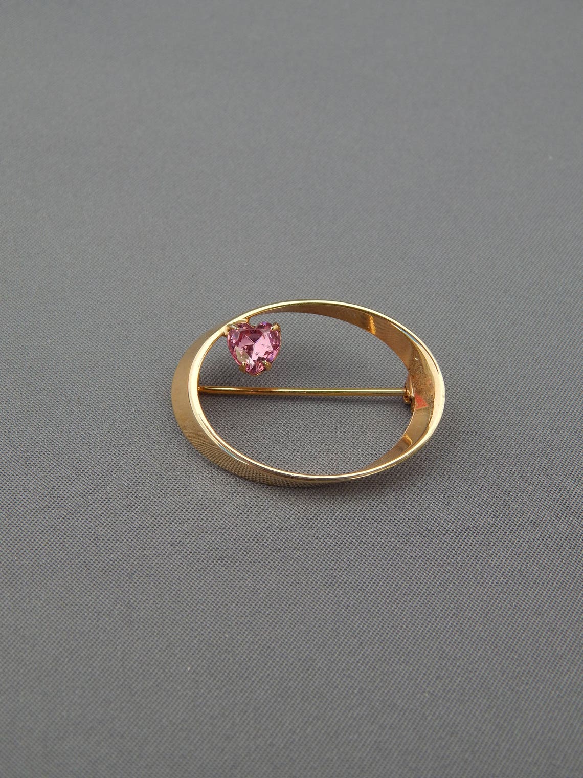Vintage Oval Circle Pin With Pink Rhinestone Heart Mid | Etsy