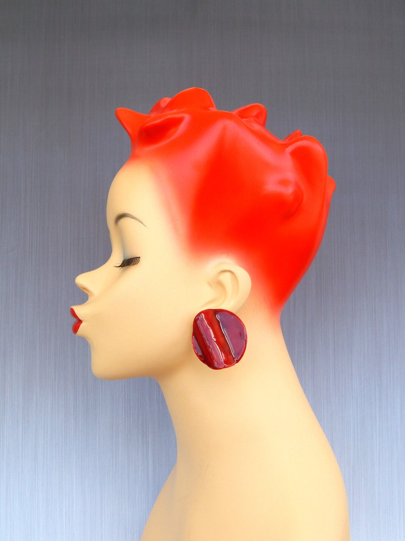 HUGE Red Enamel Earrings, Wrinkled Red Enamel Disk Earrings, Runway ...