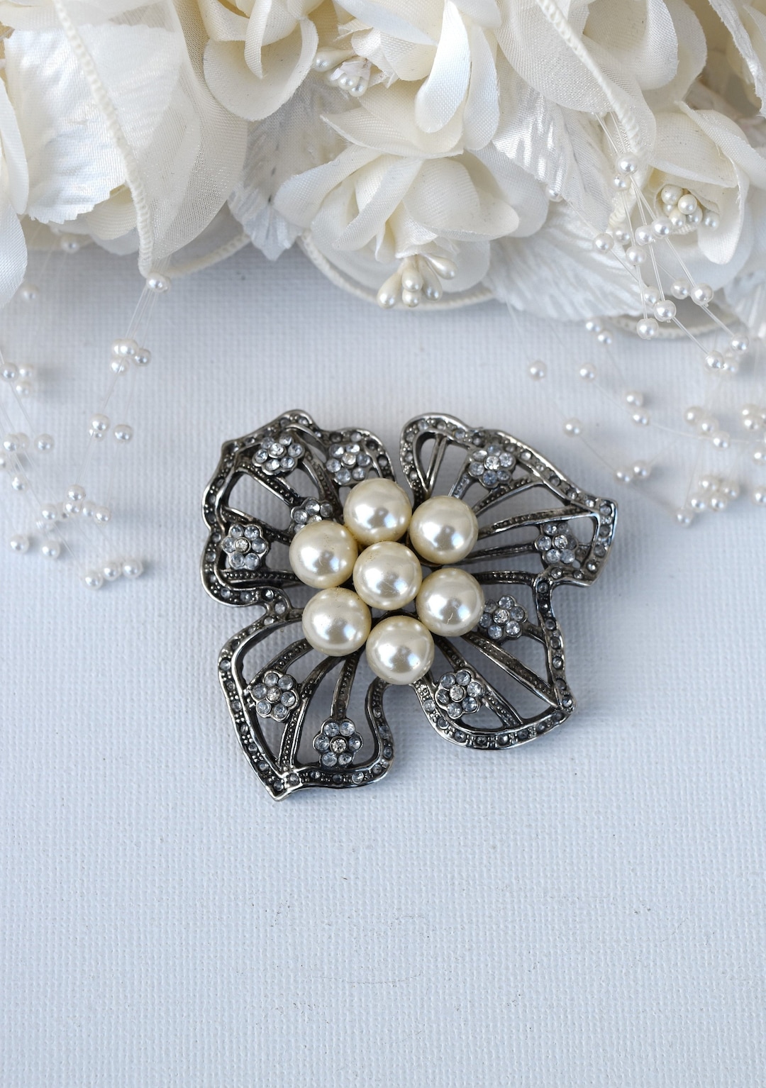 Rhinestone Pearl Flower Pin, Big Flower Brooch Faux Pearls Silver Tone ...