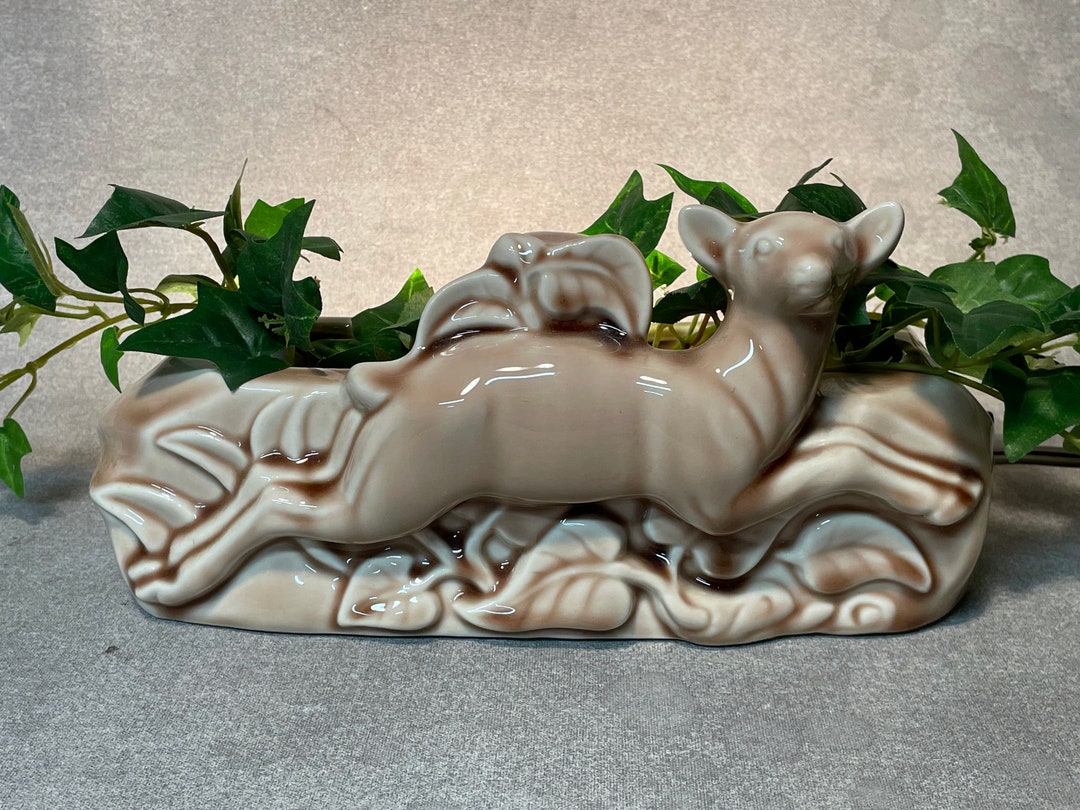 Vintage Mid Century Leaping Deer TV Lamp Planter/ Green Ceramic Lamp ...