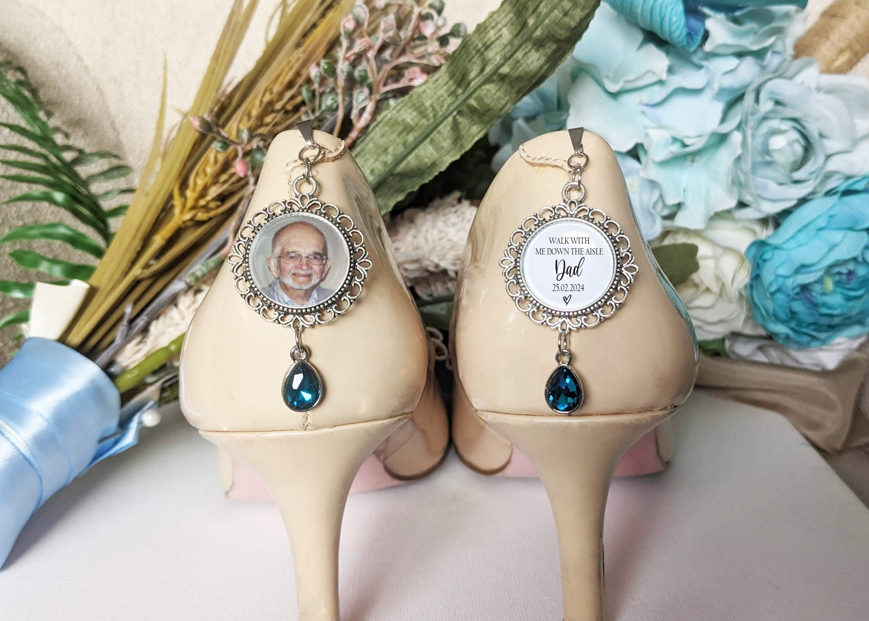 Set of Blue Custom Shoe Wedding Memory Charms, Photo Memorial Bouquet ...