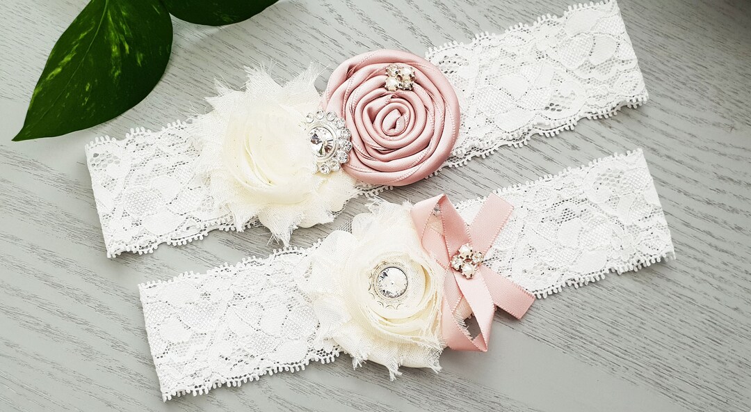 Pink or Tiffany Wedding Bridal Garter Set Stretch Lace With Pearl and ...