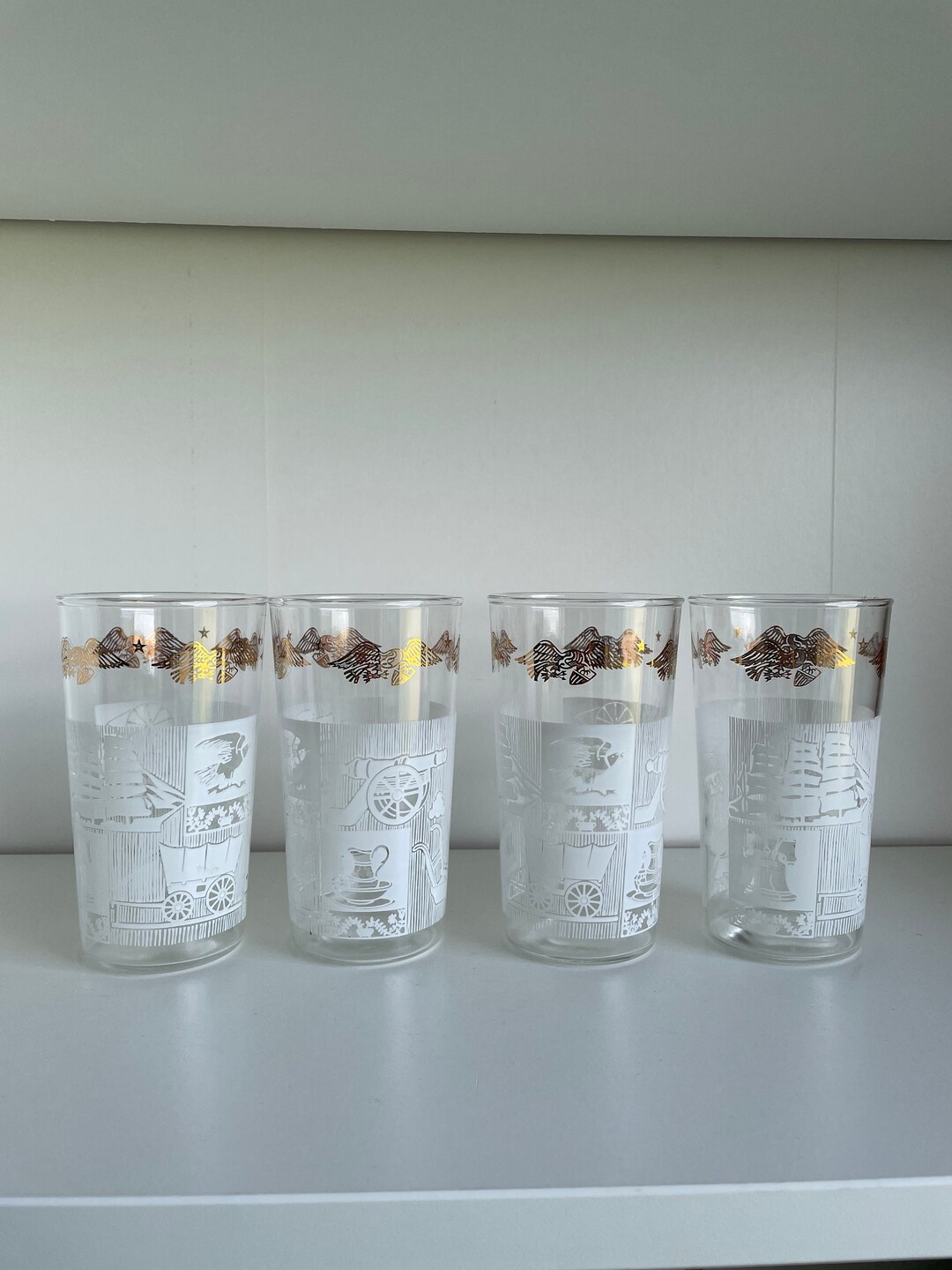 4 Anchor Hocking Colonial Days Glasses, Vtg Gold & White Drinking ...