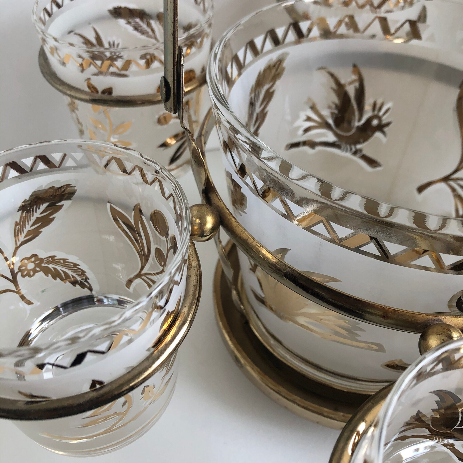Vintage Ice Bucket & Glasses Caddy Set - Gold / Frosted Glass Birds and ...