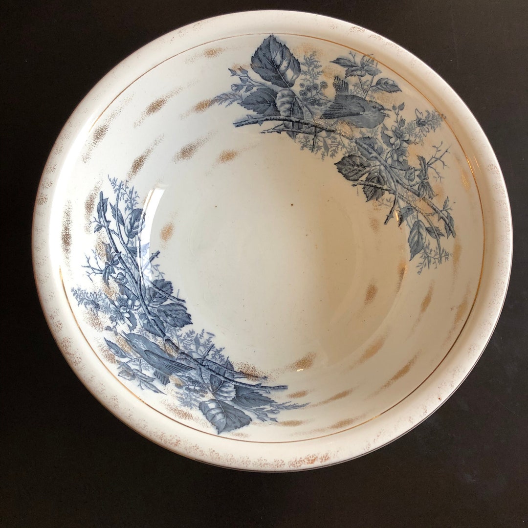 Flow Blue Transferware Basin Bowl - Antique Gilded 'wren' Large Antique ...