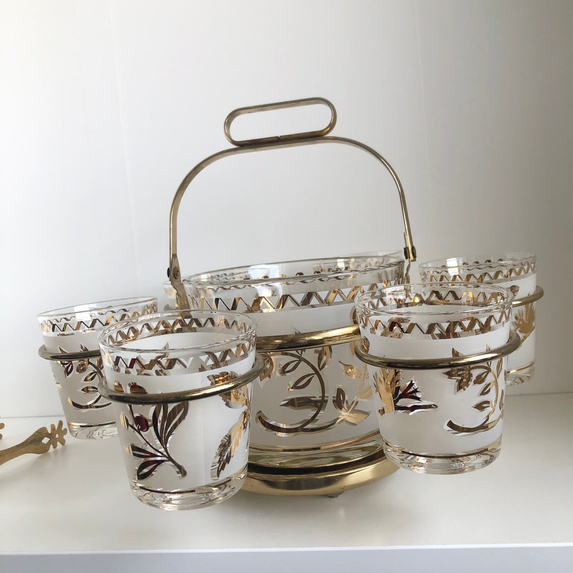 Vintage Ice Bucket & Glasses Caddy Set Gold / Frosted Glass - Etsy