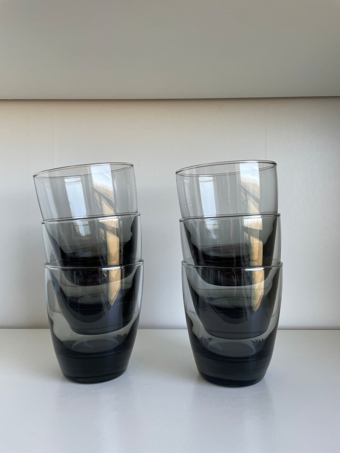 Set of 6 Retro Smoky Drinking Glasses - Smokey Purple Glass Large ...