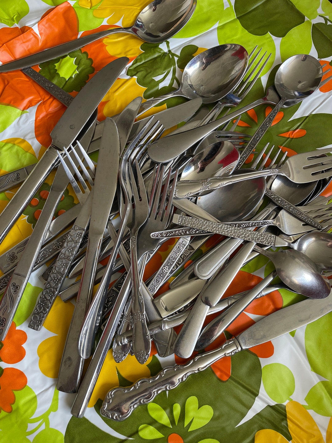 Lot 40 Pcs Mismatched Silverware - Vintage Floral Stainless Steel ...