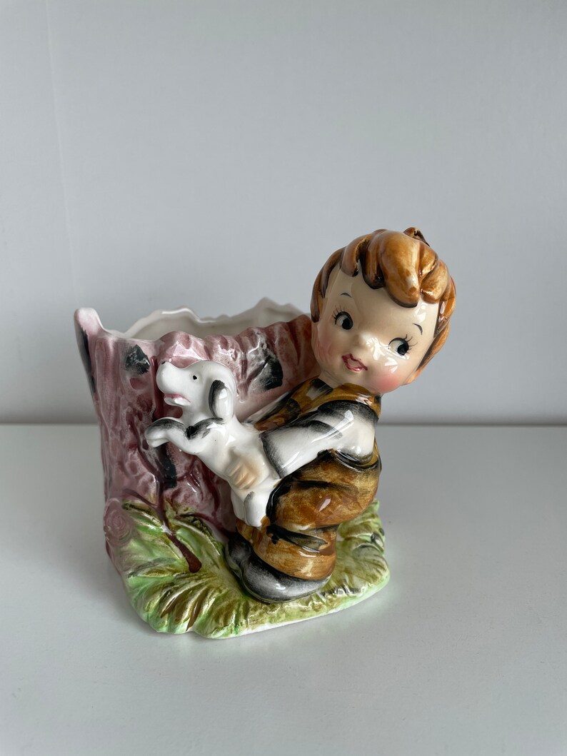 Vintage Lefton Boy With Dog Planter Hand Painted ESD Japan - Etsy