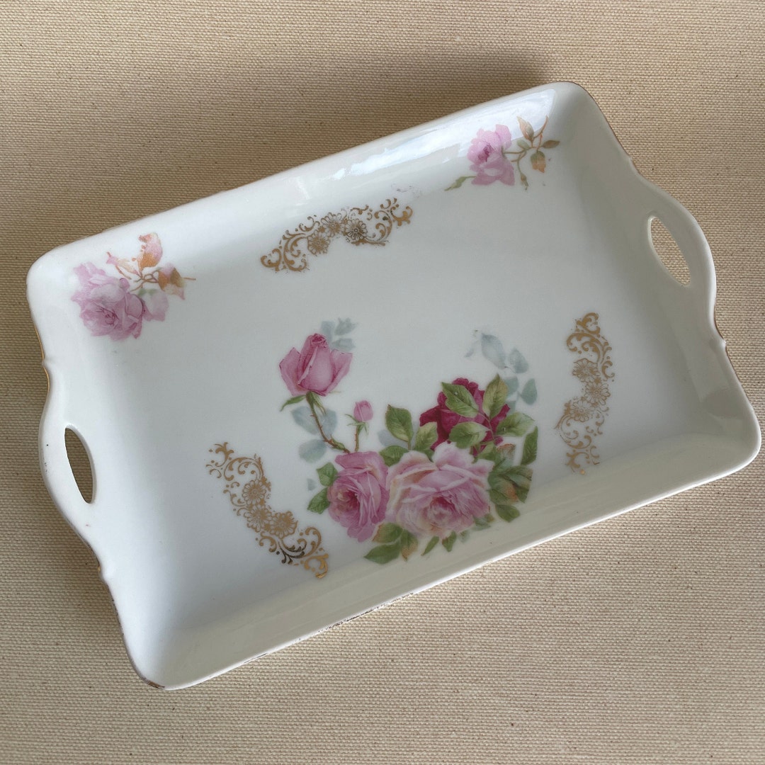 Floral Rectangular Dresser Tray - Pink Cabbage Roses Gilded Tray ...
