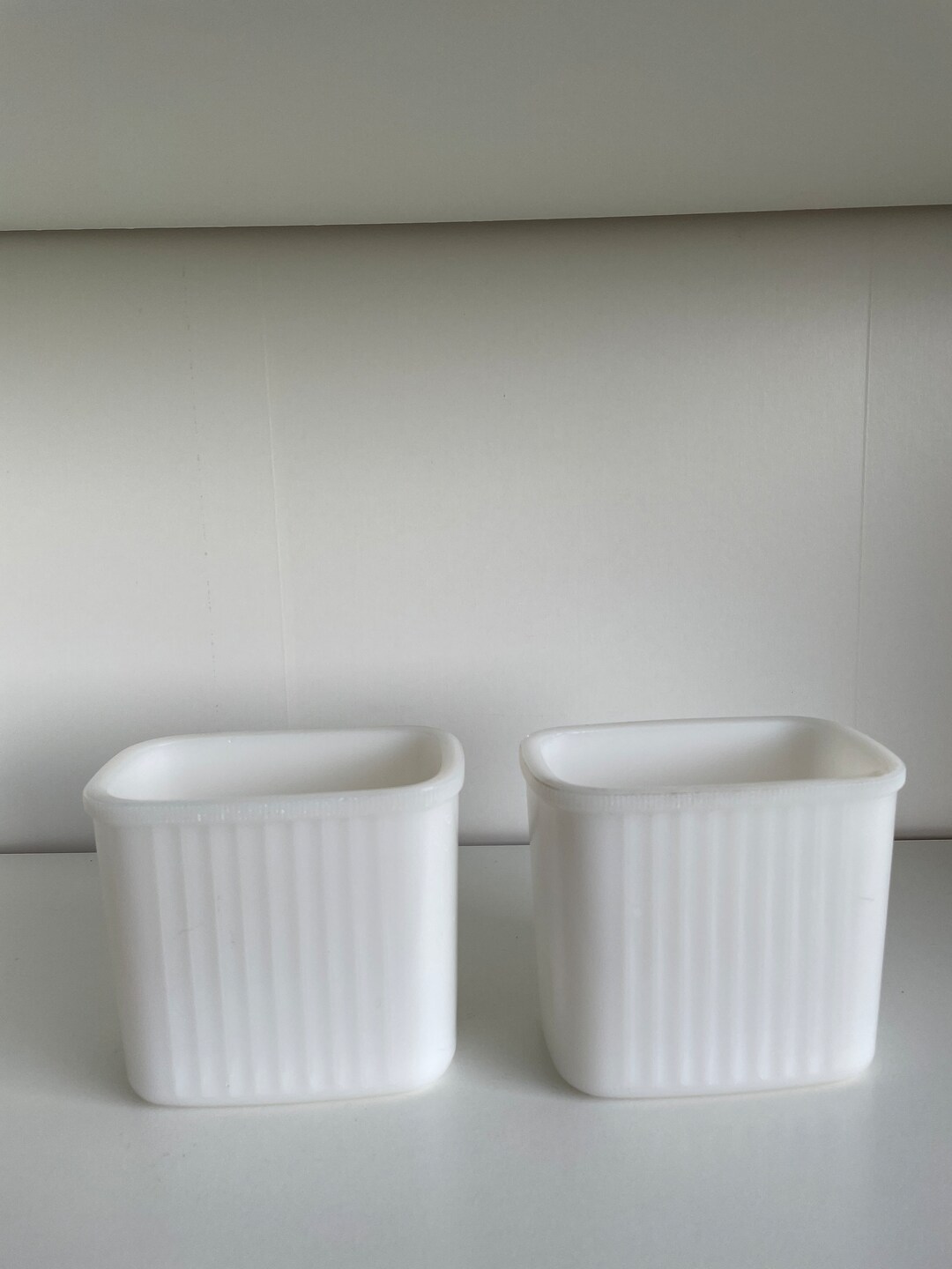 2 Hazel Atlas Fridge Dishes - Hazel Atlas Striped White Milk Glass ...