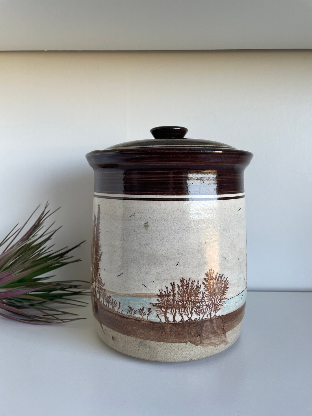 Stoneware Pottery Cookie Jar Beach Landscape Handpainted Pottery, Mocha Diffusion Canadian ...
