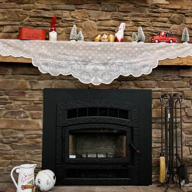 Lighted Lace Wreath Holly Snow Fireplace Mantel Scarf Cloth Christmas ...