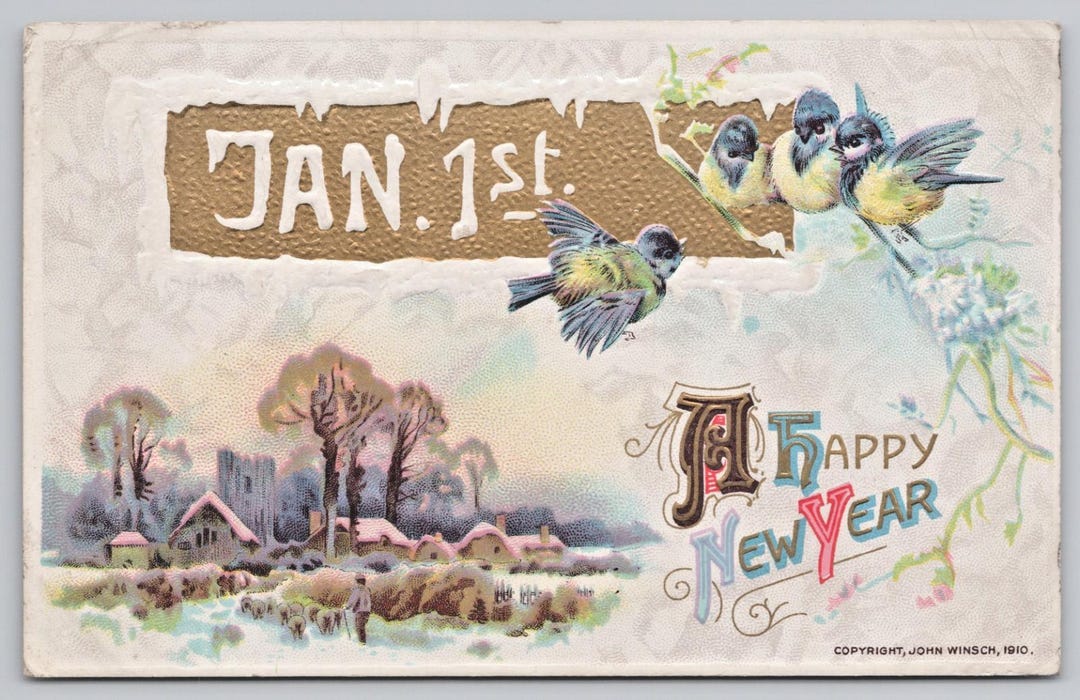 Vintage John Winsch 1910 Embossed New Year Postcard Eurasian Blue Tits ...