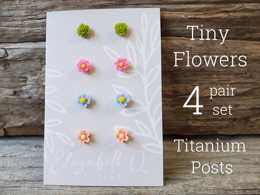 Tiny Flower Earring Set, 4 Pairs Randomly Chosen, Titanium Posts ...