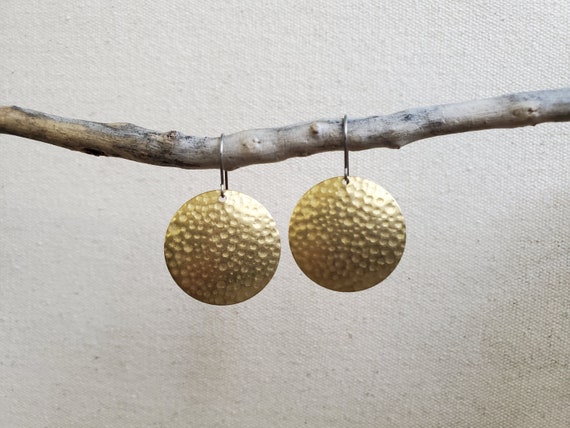 ElizabethQDesigns Hammered Brass Disc Earrings Titanium Hooks Sensitive Ears Hypoallergenic Textured Brass Moon Earrings