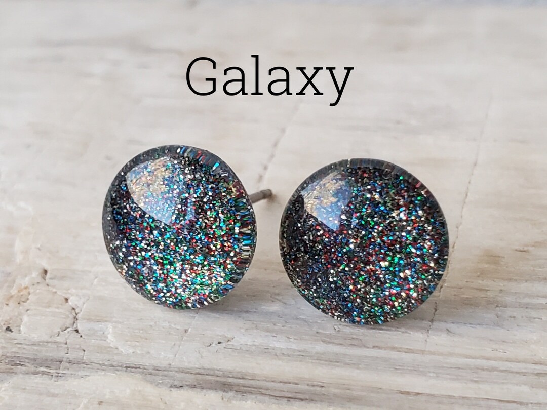 Galaxy Glitter Earrings, Titanium Posts, Sensitive Ears, Multicolor Glitter Studs ...