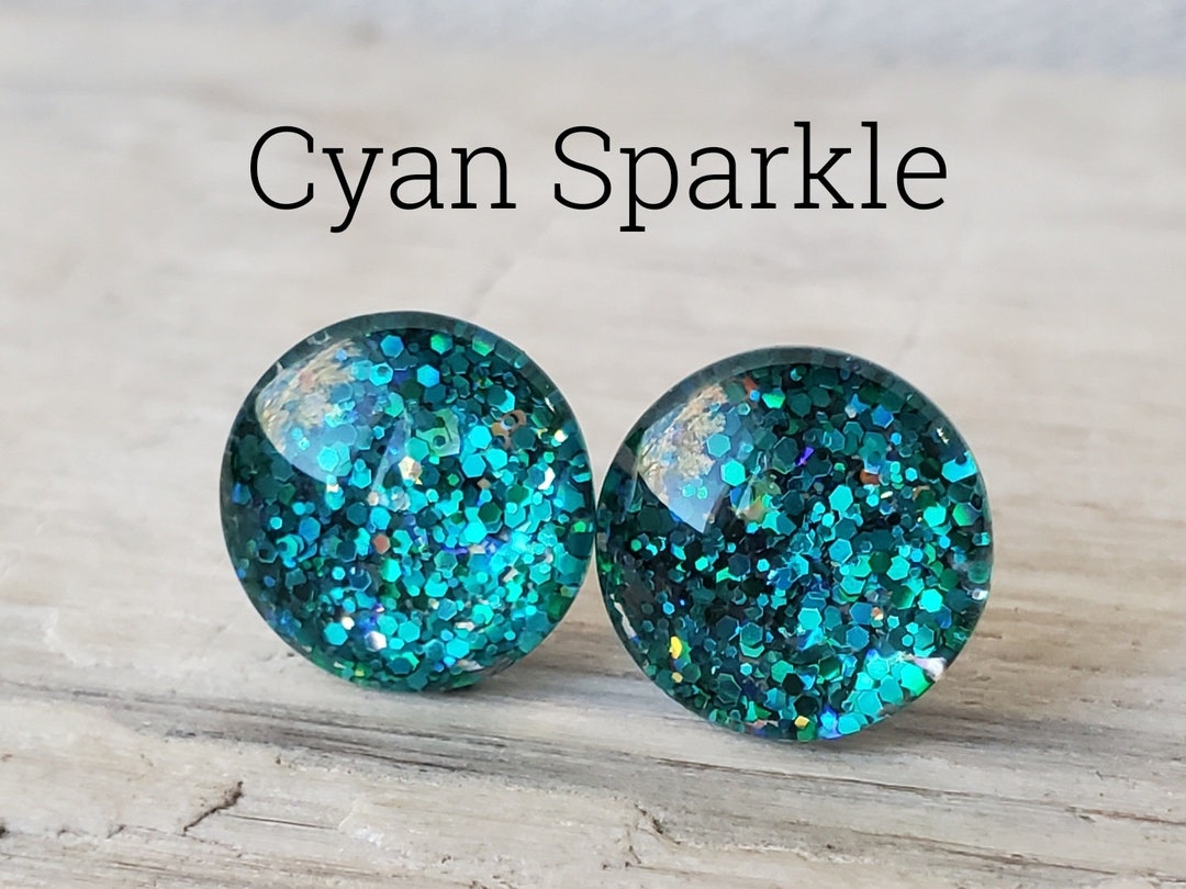Cyan Sparkle Glitter Earrings, Titanium Posts, Teal Glitter Studs ...