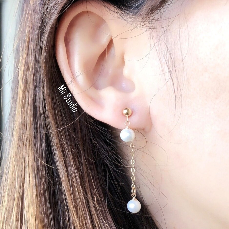 5mm Freshwater Pearl Ear Threader With Pearl Chain Ear Back 14K Gold ...